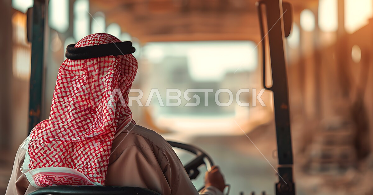 Working on a forklift, back view of a Saudi Arabian Gulf man wearing ...