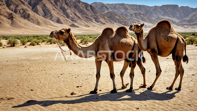 Purebred camels moving on the sand dunes in the deserts of the Kingdom ...
