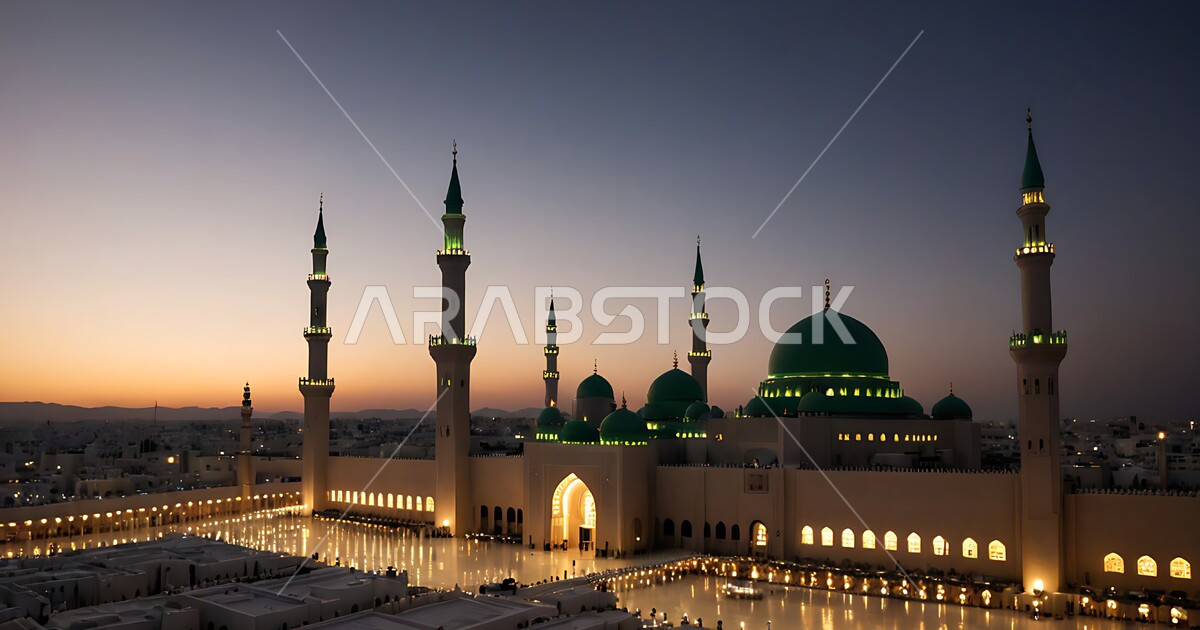 Famous Islamic holy places and landmarks in Saudi Arabia, illuminated ...