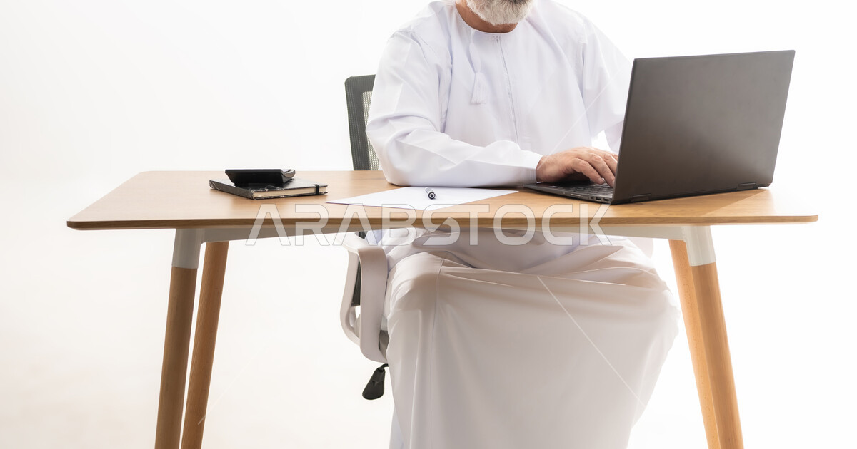 Using modern and advanced technologies in work, portrait of an Arab ...
