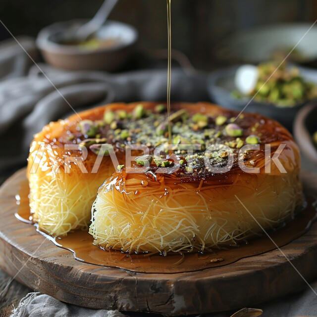 Kunafa covered with pistachios and syrup, the art of presentation in ...