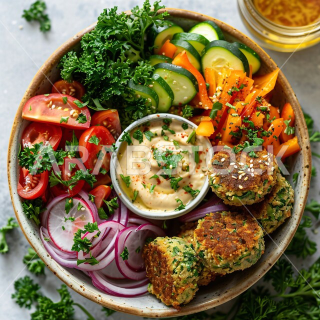 Delicious breakfast, oriental Arabic food, a plate of crispy falafel ...