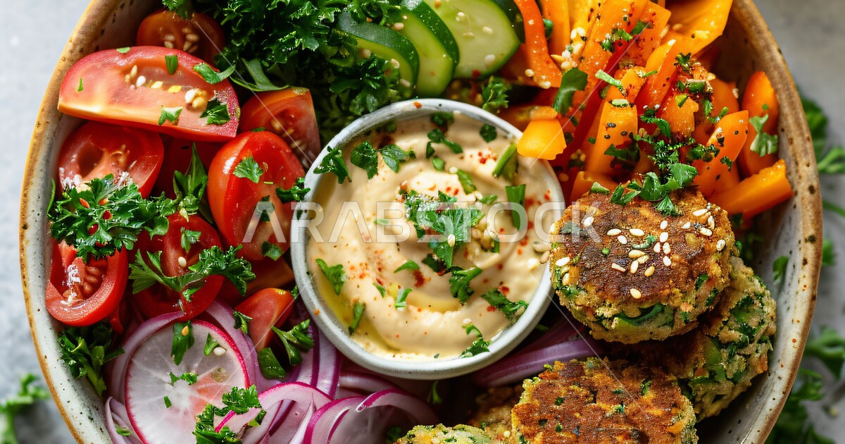 Delicious breakfast, oriental Arabic food, a plate of crispy falafel ...