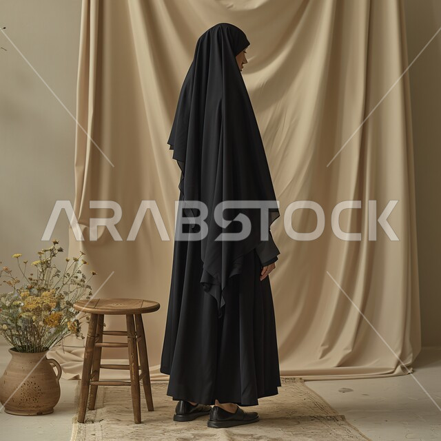 A Saudi Arabian Gulf model wearing an abaya and hijab displays fashion ...