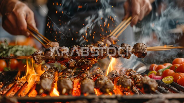 Enjoying a barbecue, a close-up of a Saudi Arabian Gulf man's hand ...