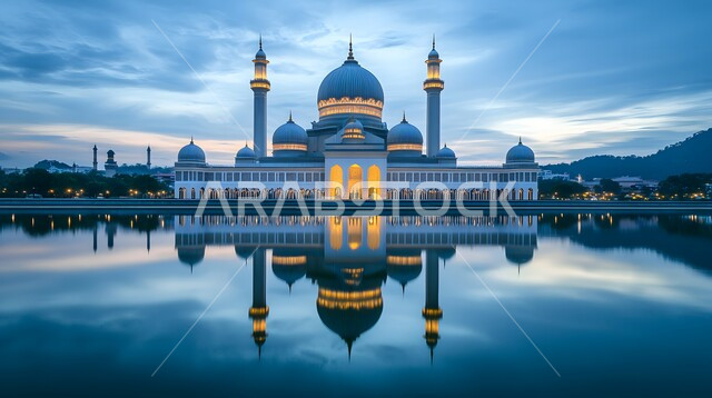Reflection of the image of the illuminated mosque with contemporary design on the surface of the ...