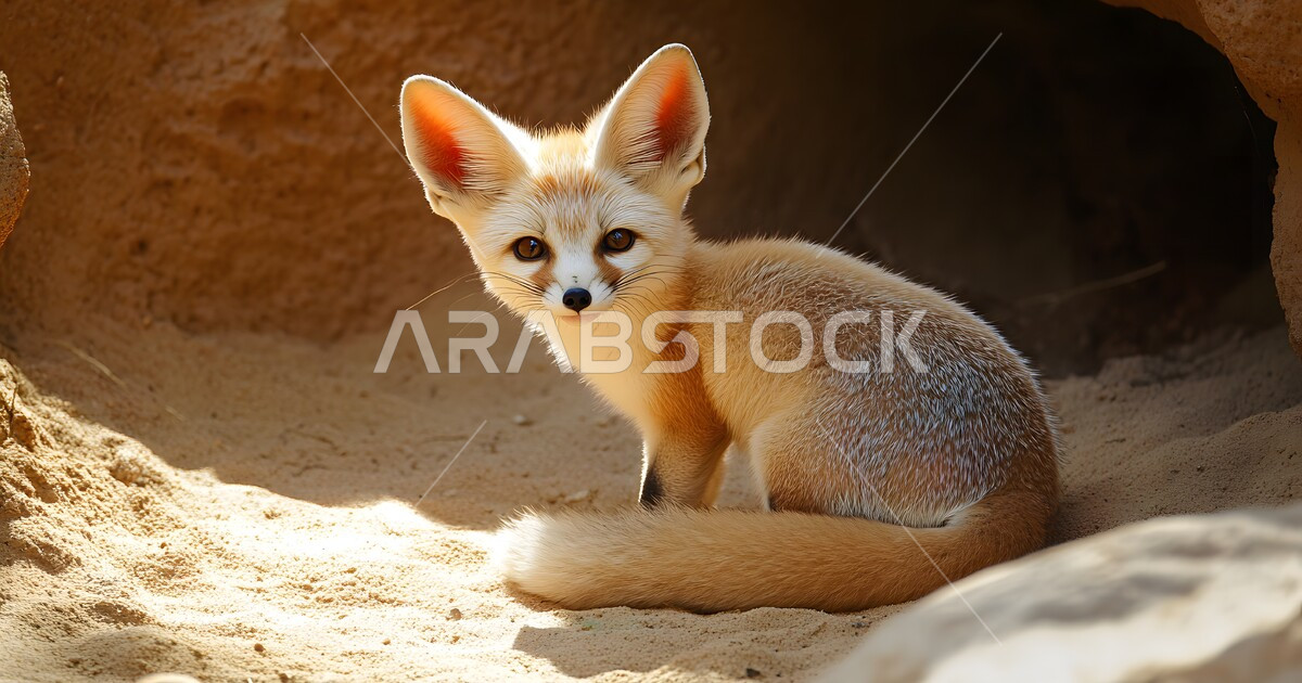 A young fennec fox stands on the soft golden sands of one of the ...