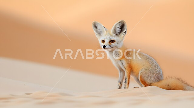 A young fennec fox stands on the soft golden sands of one of the ...