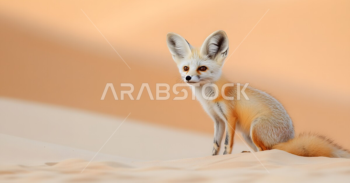 A young fennec fox stands on the soft golden sands of one of the ...