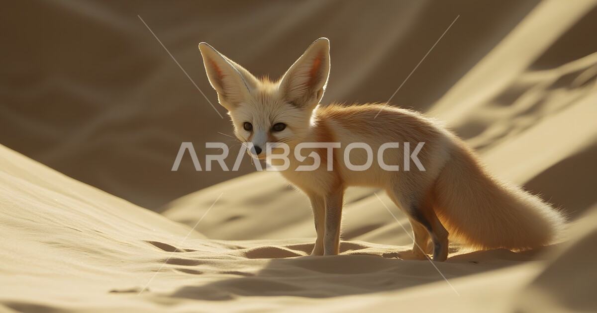 A young fennec fox stands on the soft golden sands of one of the ...
