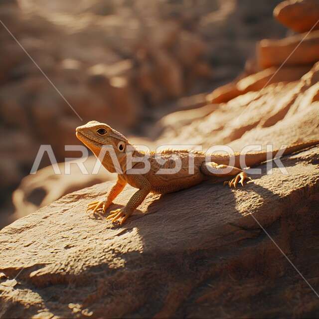Wildlife of reptiles in desert areas, close-up of a lizard standing on ...