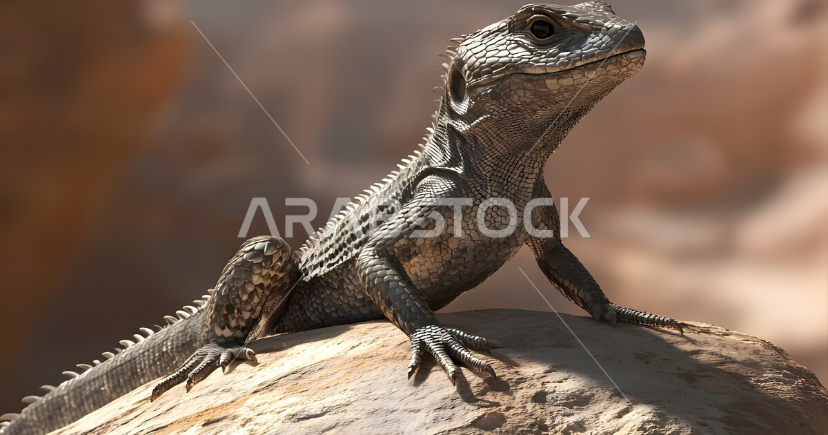 Wildlife of reptiles in desert areas, close-up of a lizard standing on ...