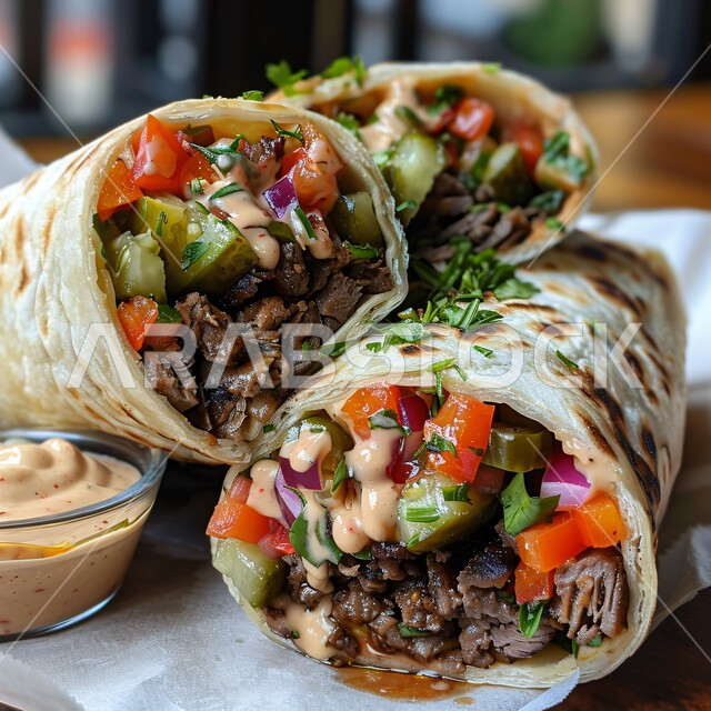 Baked rolls stuffed with grilled beef, delicious oriental Arabic ...