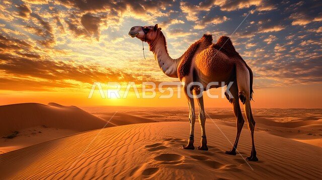Purebred Arabian camel standing on the shiny golden sands in the middle ...