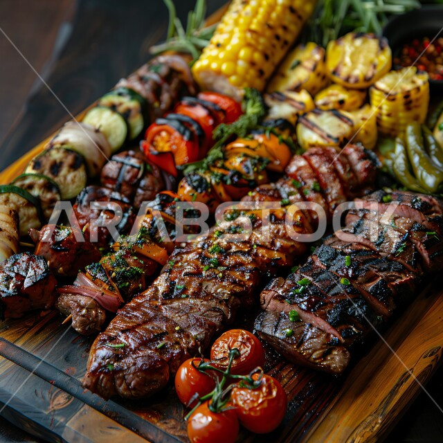Traditional Arabic food and dishes, a table full of meats, vegetables ...