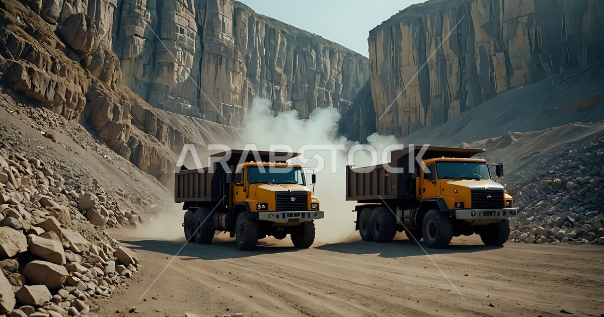 Heavy machinery digging and working at the mining site, transporting ...