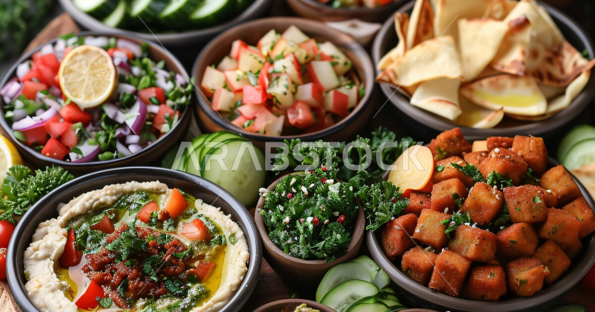 Delicious cold vegetarian appetizers, various traditional popular foods ...
