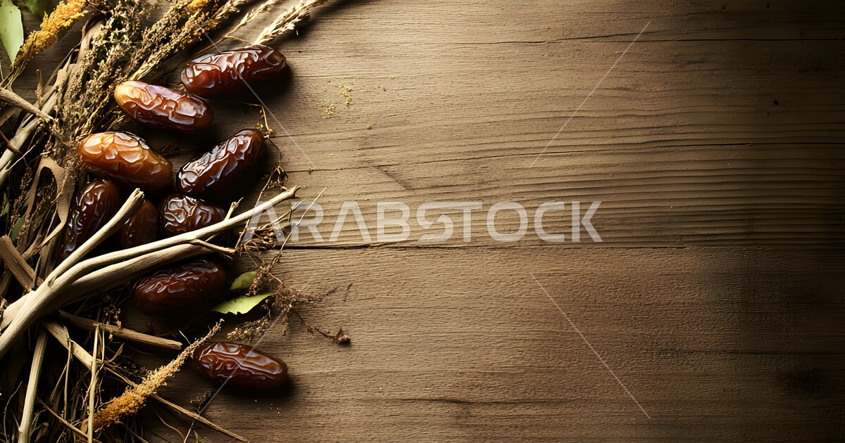 A pile of dates on a rustic wooden base, Saudi national local ...