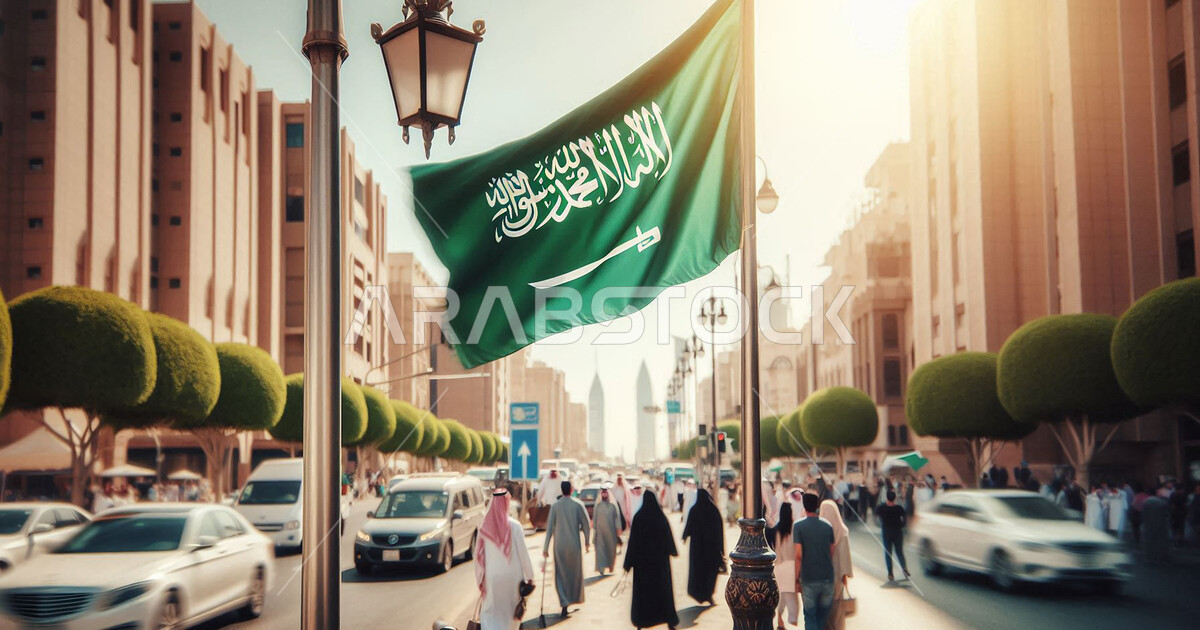 Saudi flag waving in the sky, Saudi National Day celebration, public ...
