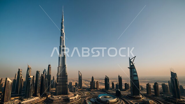 Burj Khalifa in Dubai during daytime, futuristic view of urban growth ...