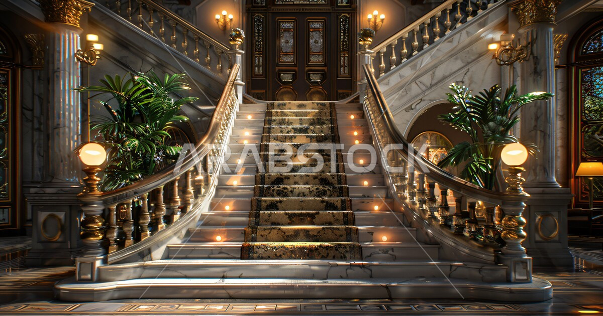 Luxury marble staircase inside a hotel, interior decorations for ...