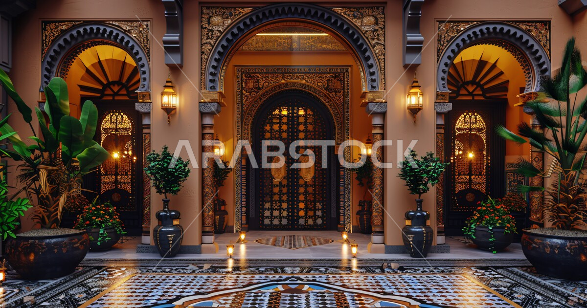 المدخل الرئيسي لمبنى بتصميم قديم، الاهتمام بنباتات الزينة الخضراء ...