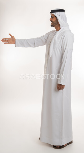 Greeting and peace, reception and welcome concept, portrait of an Arab ...