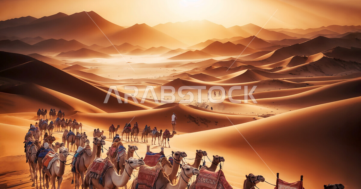 A caravan of camels walking in the desert of Saudi Arabia, dense sand dunes and hills, the view ...