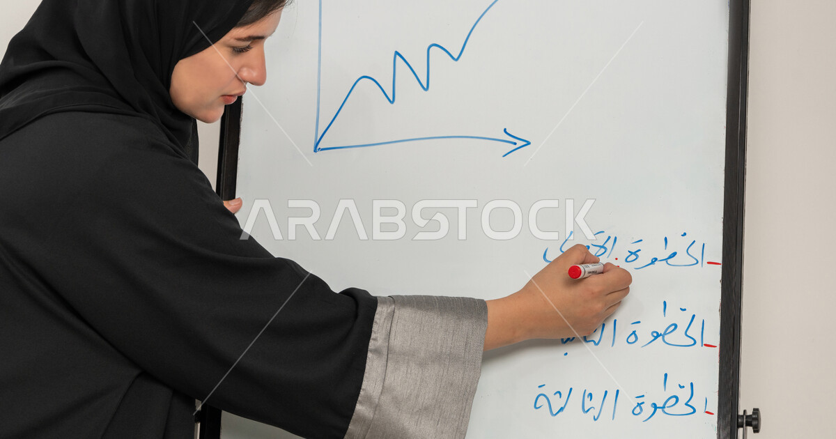 Saudi trainer using blackboard for easy explanation, professional ...