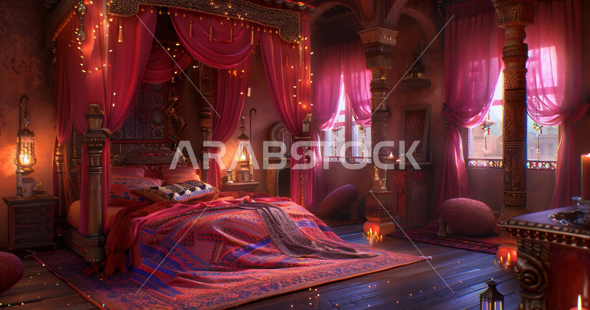Canopy bed in a palace, old Arabic designs and decorations in the ...