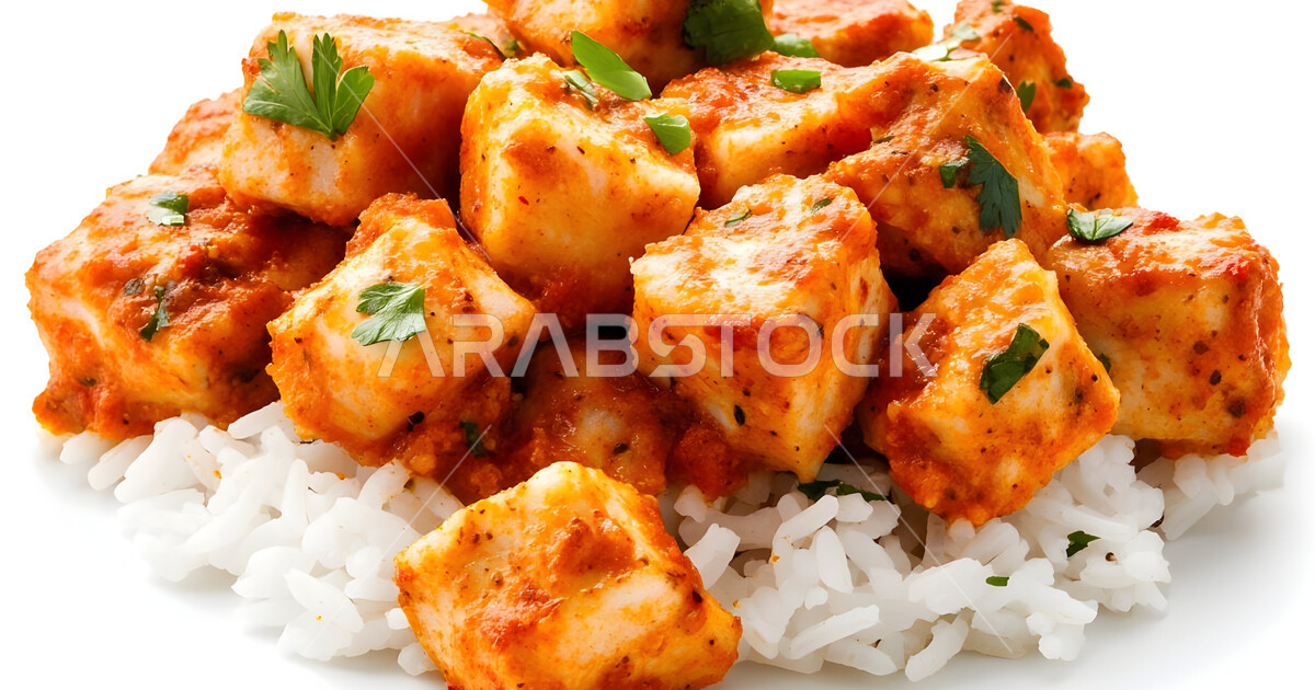 A meal of Kabsa rice with chicken pieces and hot sauce, traditional ...