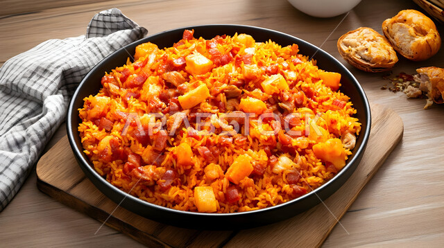 A plate of Mandi rice with meat and pineapple, traditional Arabic food ...
