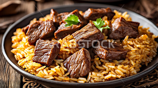 A plate of Mandi rice with meat decorated with parsley, traditional ...
