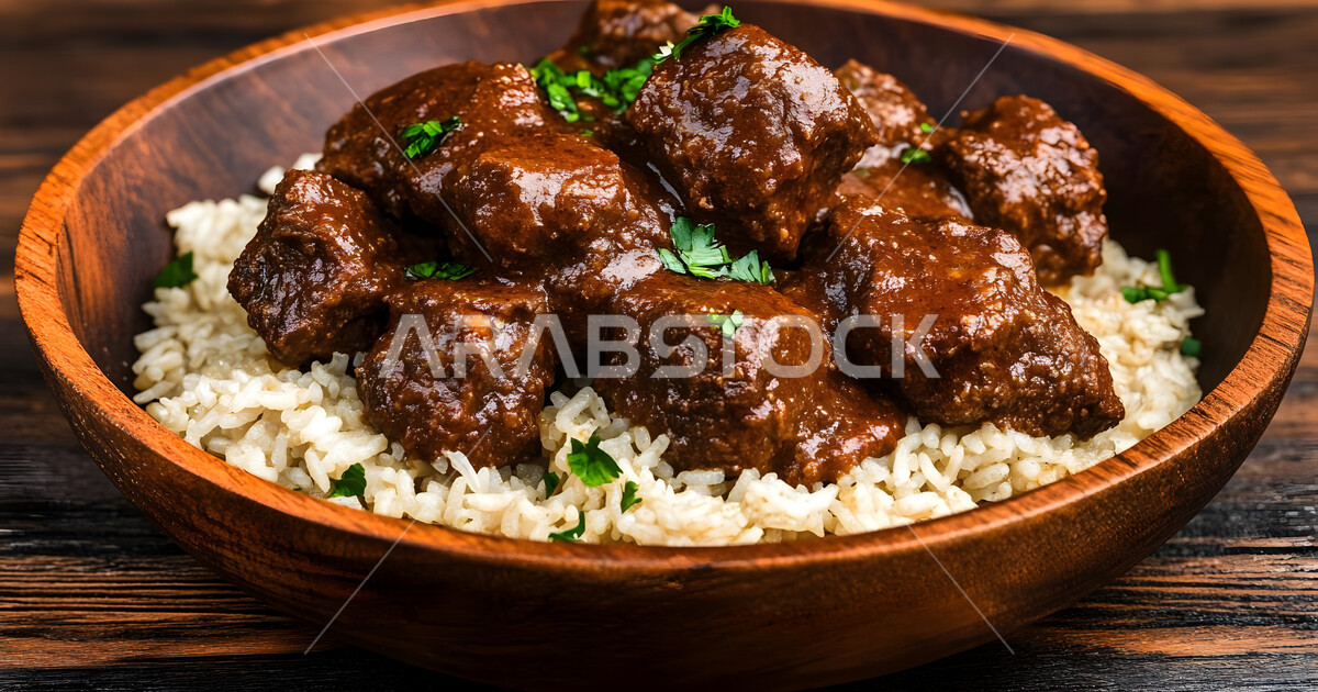 A plate of Mandi rice with meat decorated with parsley, traditional ...