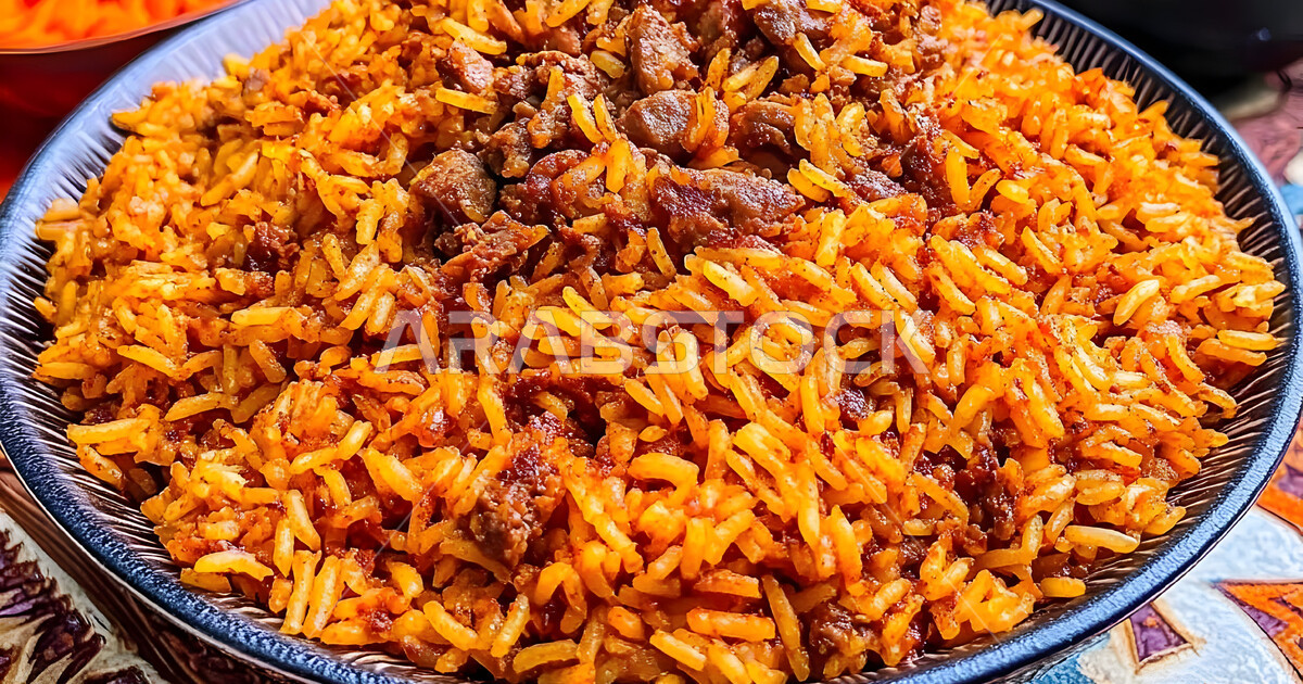 A plate of Mandi rice with meat, traditional Arabic dishes and foods ...