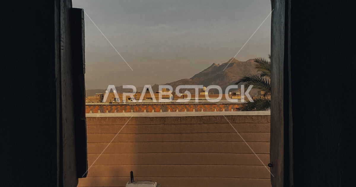 Old style architectural art, window view of famous historical landmarks ...