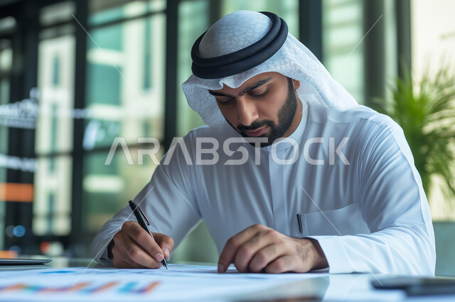 Writing and recording information on paper, close-up of a young Saudi ...