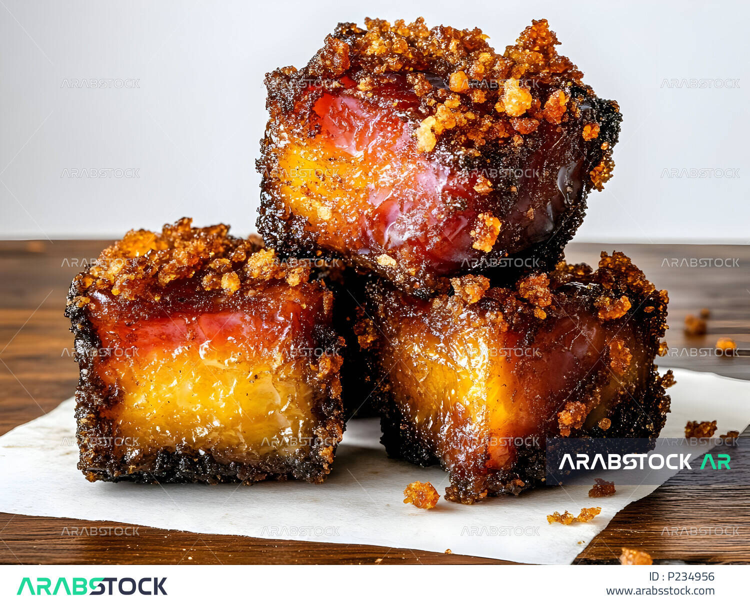 Delicious oriental dessert, close-up of a plate of crunchy caramel ...