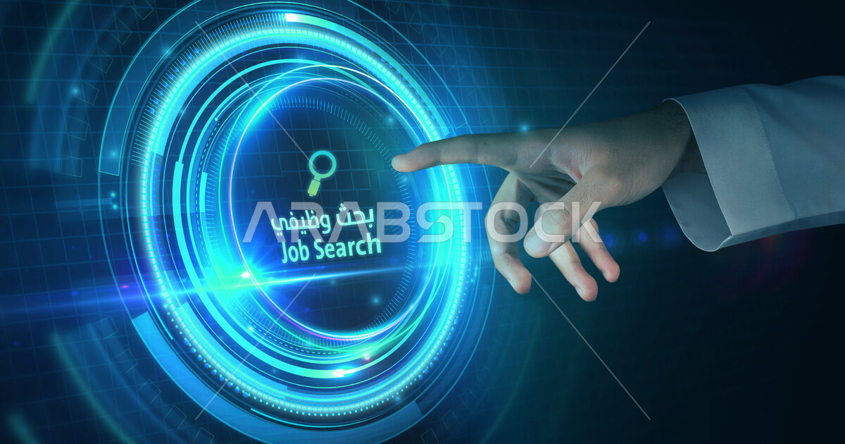 Close-up of the hand of a Saudi Arabian Gulf man, pressing his finger ...