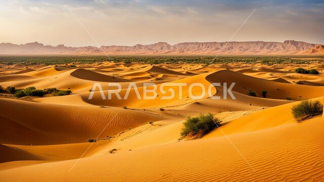 Desert areas at sunset, green plants and wild herbs growing in desert ...