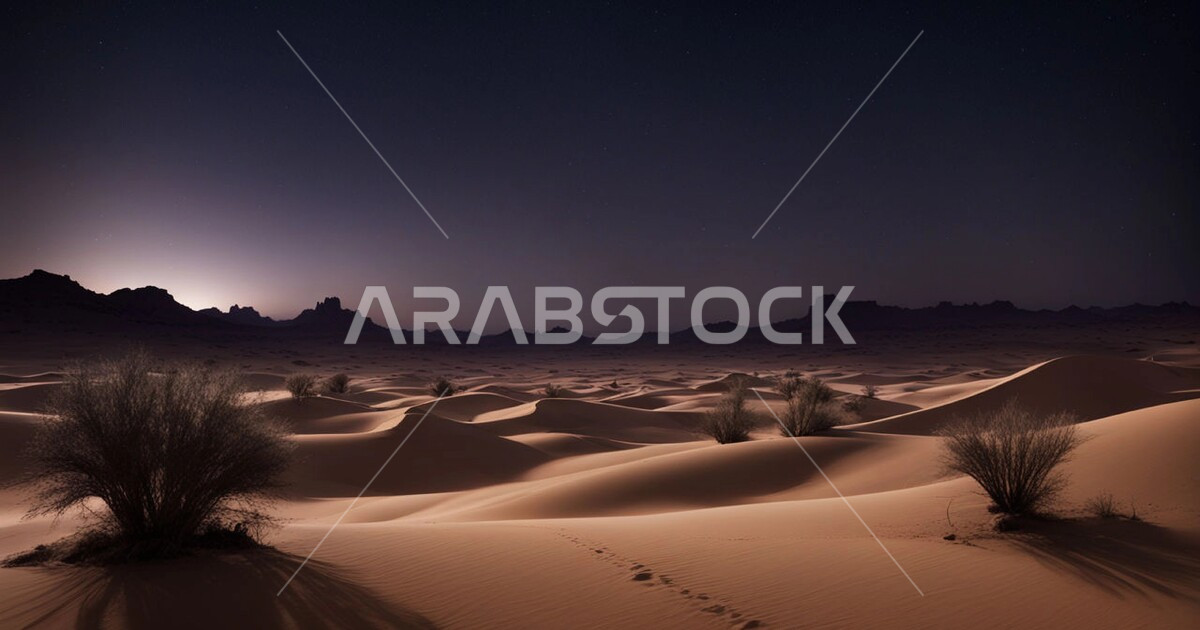 Golden sand dunes, mountains and highlands of Saudi Arabia at night ...