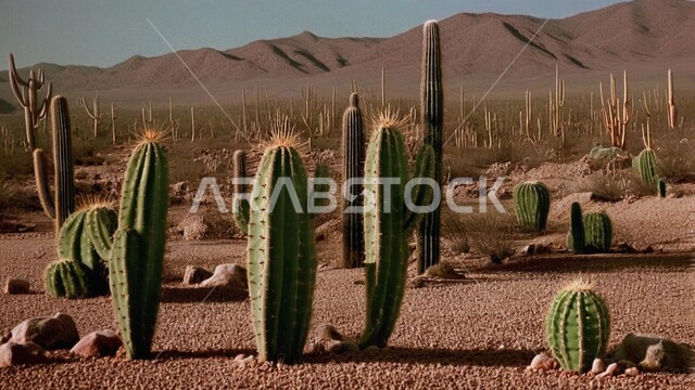 A group of prickly cactus plants in desert areas, wild plants and crops ...