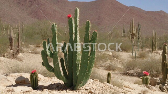 A group of prickly cactus plants in desert areas, Growth of prickly ...