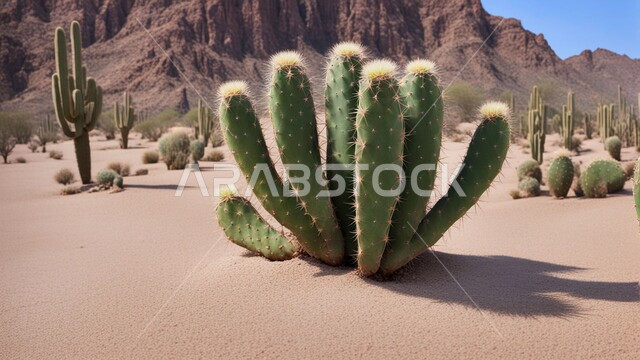 A group of prickly cactus plants in desert areas, Growth of prickly ...