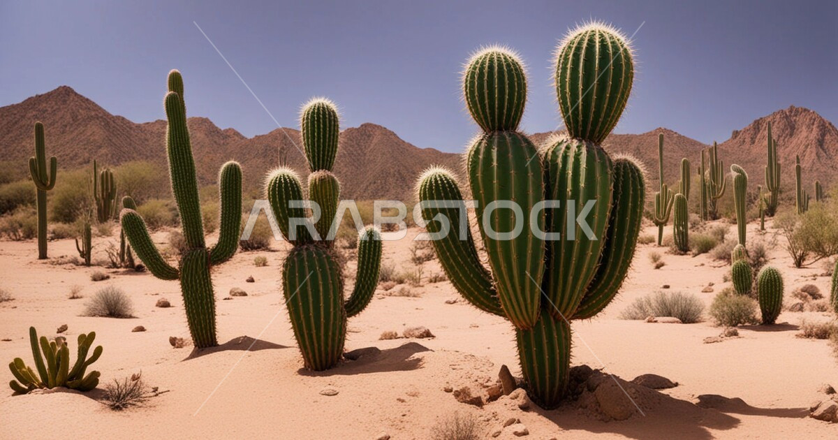 A group of prickly cactus plants in desert areas, Growth of prickly ...