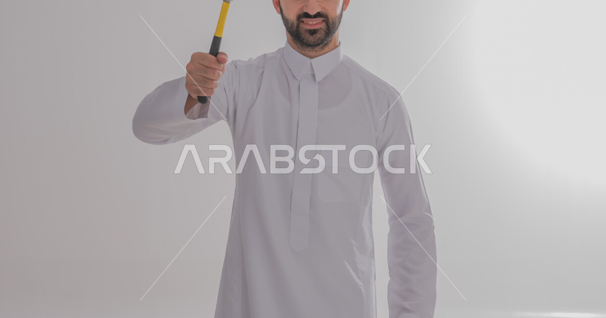 Construction and cladding technician, close-up of smiling Gulf Arab man ...