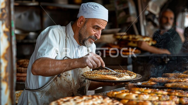 Preparing fast food with various foods, a close-up of a Saudi Arabian ...