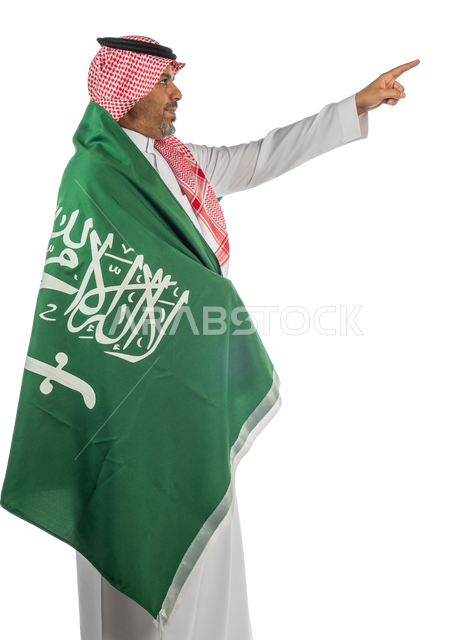 Portrait of a Saudi Arabian Gulf man pointing with his index finger ...