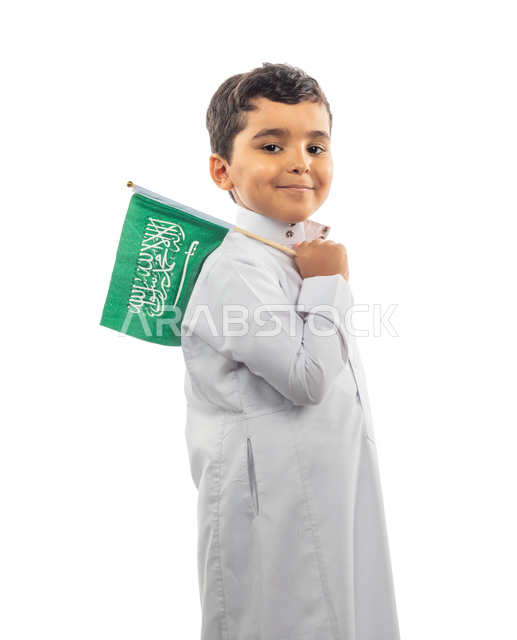 Portrait of a Saudi Arabian Gulf child with the flag of the Kingdom of ...