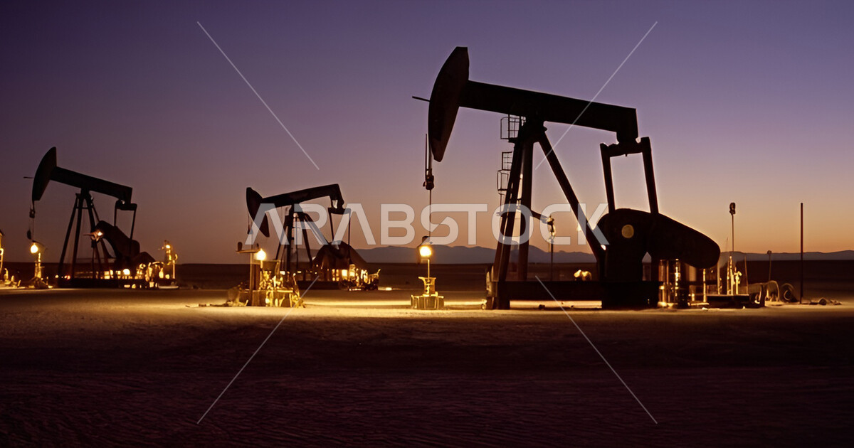 Drilling rigs drilling for oil in the middle of sand dunes in desert ...